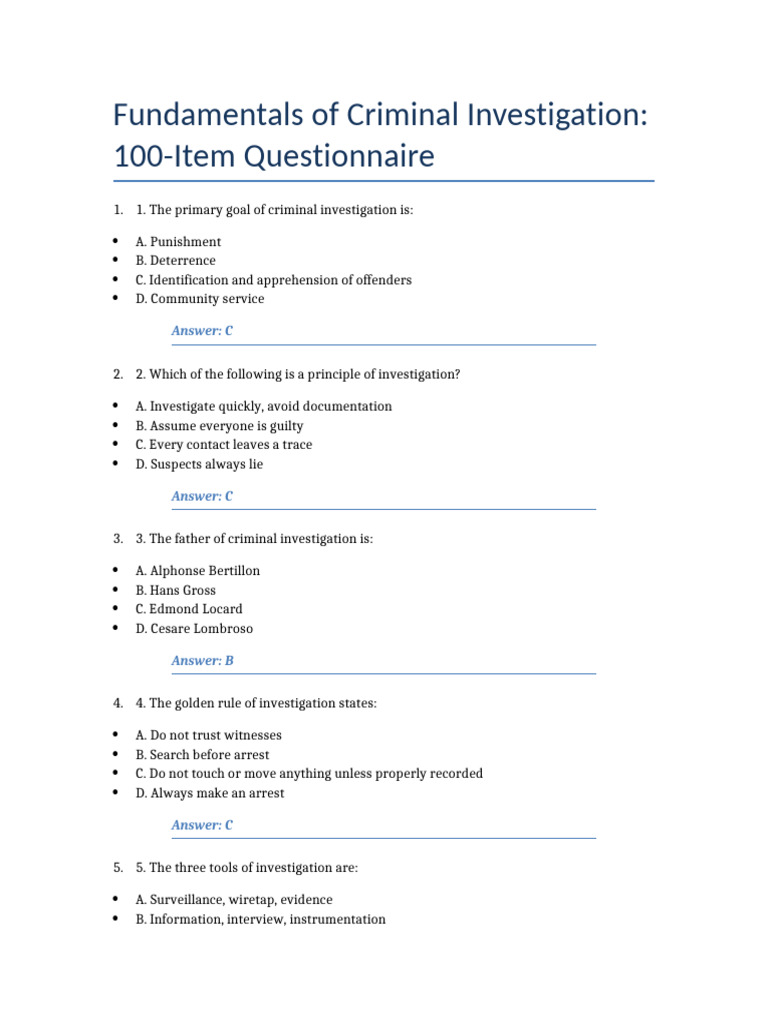 Fundamentals of Criminal Investigation 100 Items | PDF | Witness ...