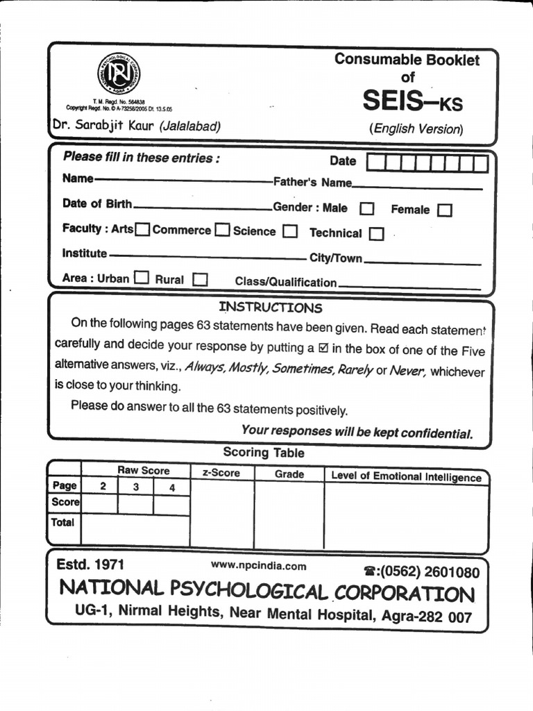 SEIS-KS Questionnaire | PDF