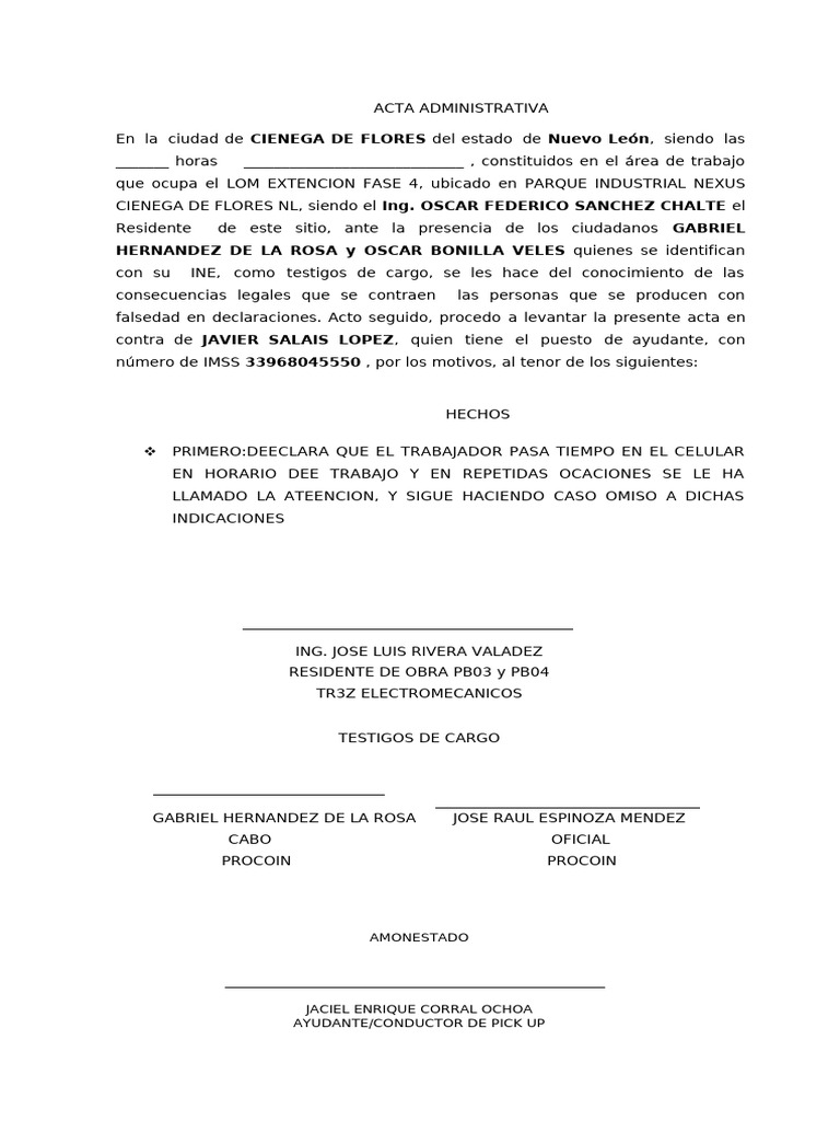 Modelo de Acta Administrativa | PDF