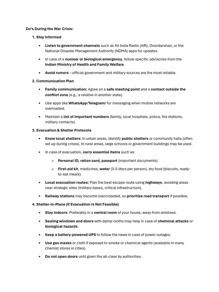 Dos During The War Crisis | PDF | Emergency Evacuation | Safety