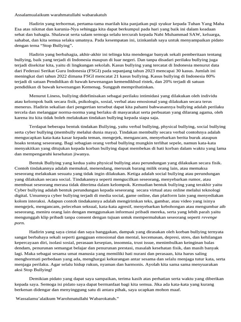 NASKAH PIDATO INDO- STOP BULLYING | PDF