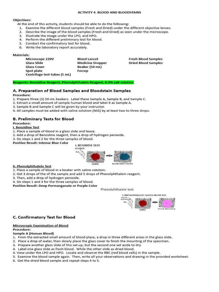Examining Fresh and Dried Blood Samples | PDF