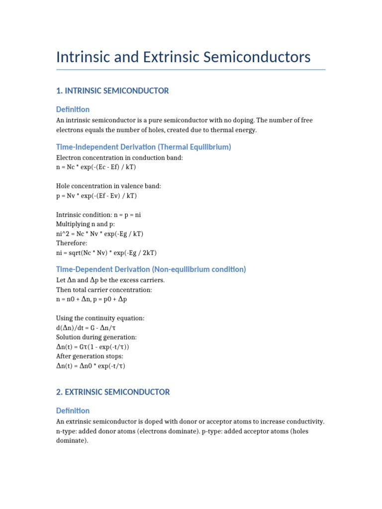 Intrinsic and Extrinsic Semiconductors | PDF
