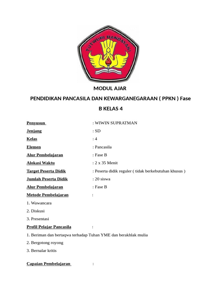 MODUL AJAR PPKN Kelas 4 | PDF