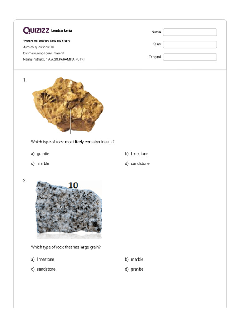 TYPES OF ROCKS FOR GRADE 2 - Quizizz | PDF