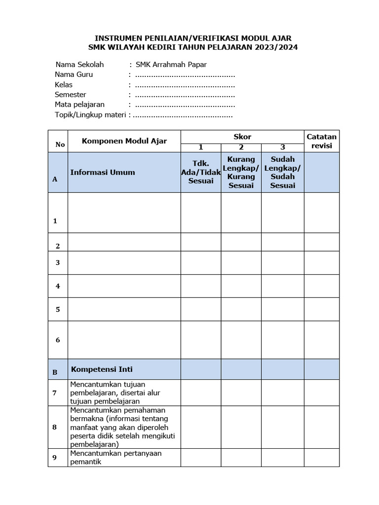 Instrumen Validasi Modul Ajar 2023-cabdin | PDF