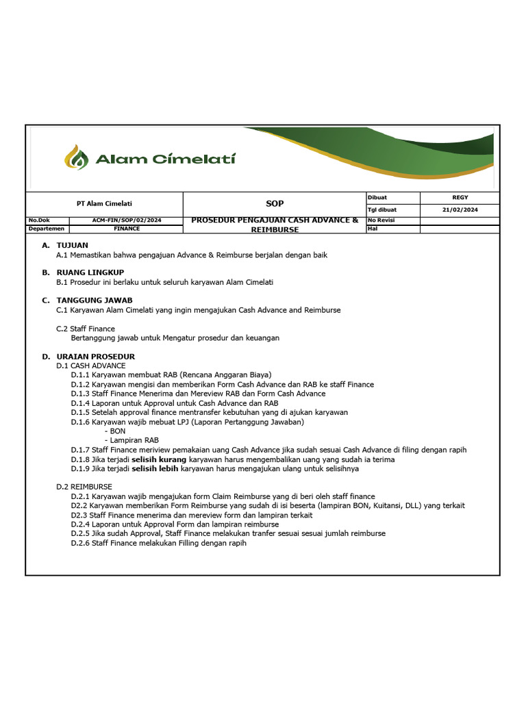 SOP Finance Cash Advance Dan Reimburse. ACM-FIN-SOP-02-2024 | PDF