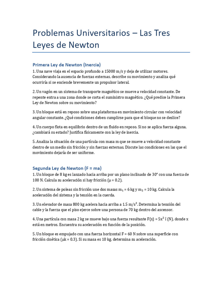 Ejercicios Universitarios Leyes Newton | PDF | Fuerza | Las leyes del ...
