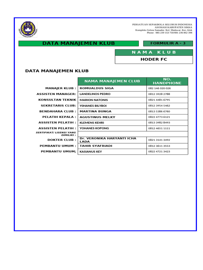 Form A3 Manajerial Club Sepakbola Hoder FC | PDF