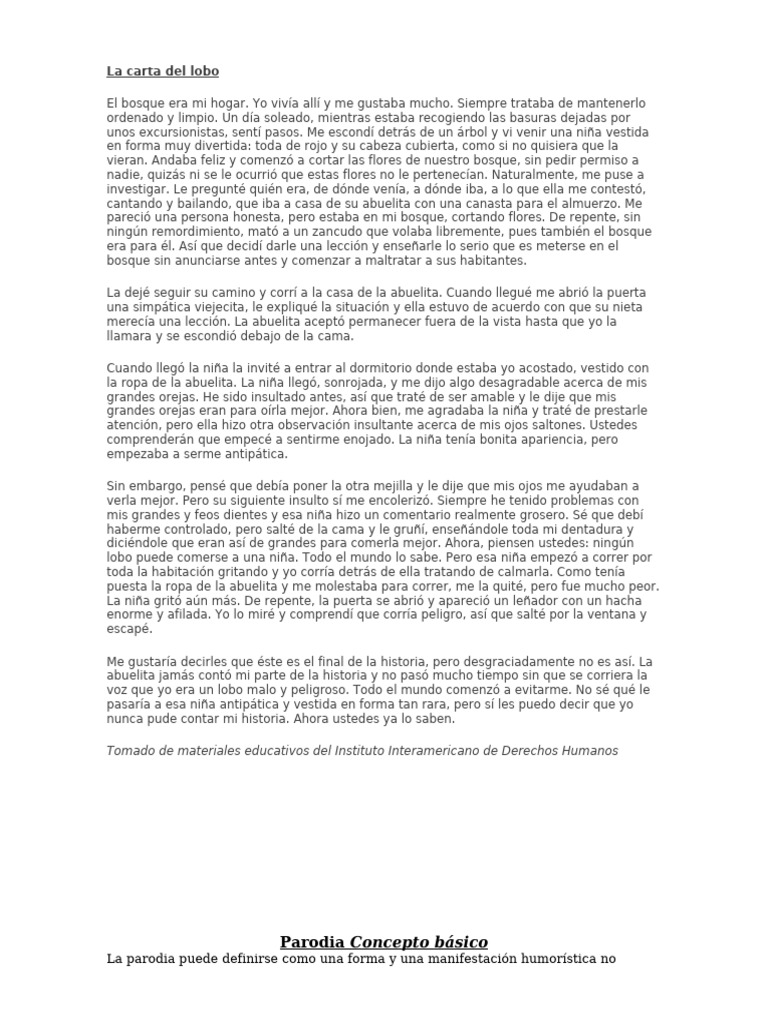 Parodia. Texto. La Carta Del Lobo | PDF | Parodia | Humor