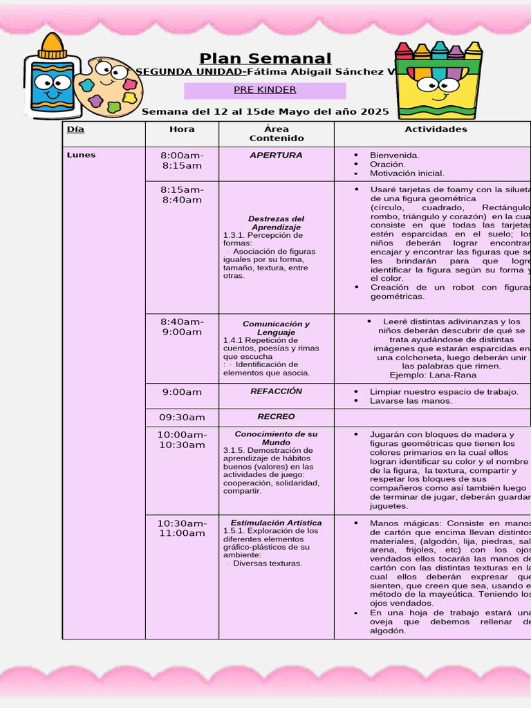 Semana 1 Planificación Prekinder | PDF