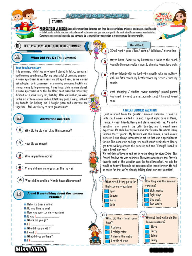 Summer Vacation Reading Comprehension | PDF