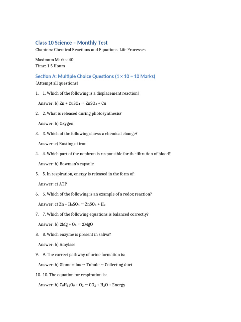 Class 10 Science Test April | PDF | Redox | Cellular Respiration
