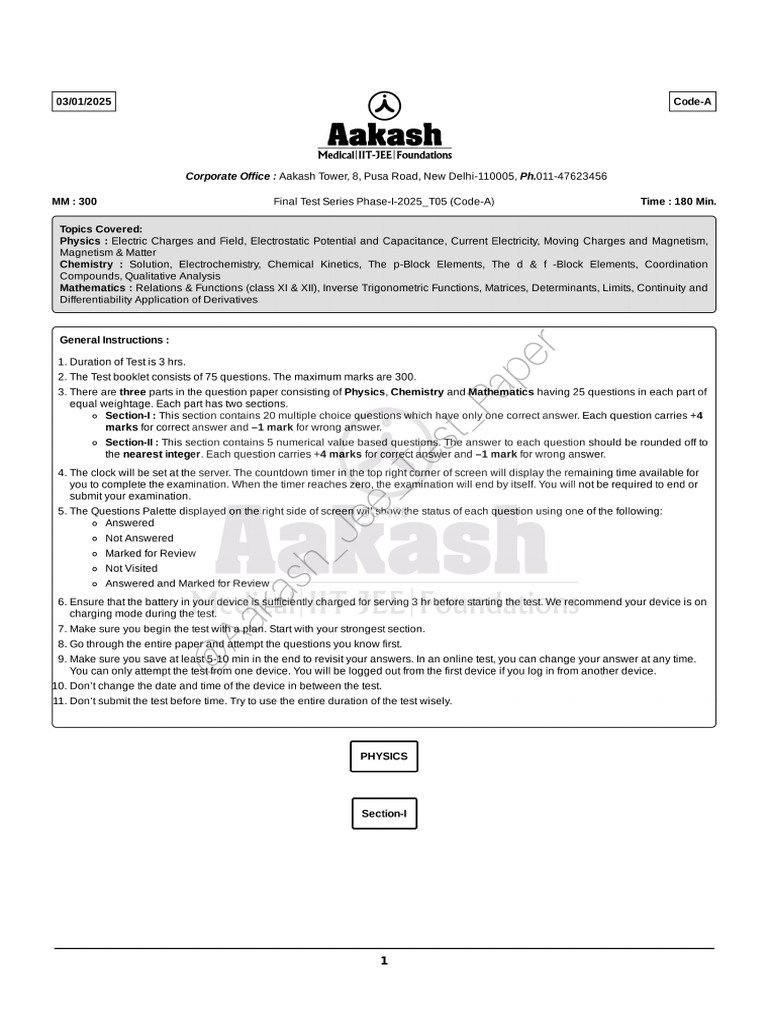 FTS-2025 Ph-1 T05 - (Code-A) (Aakash Jee Test Paper) | PDF