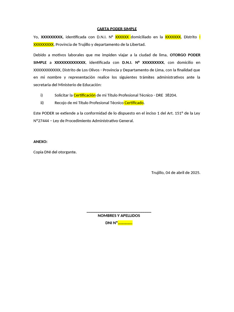Carta Poder Simple para Trámites Administrativos | PDF