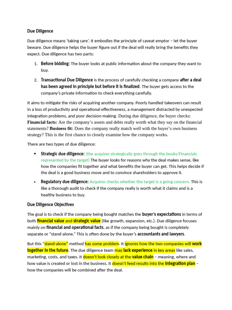 Ateeq Due Diligence Notes | PDF | Mergers And Acquisitions | Due Diligence