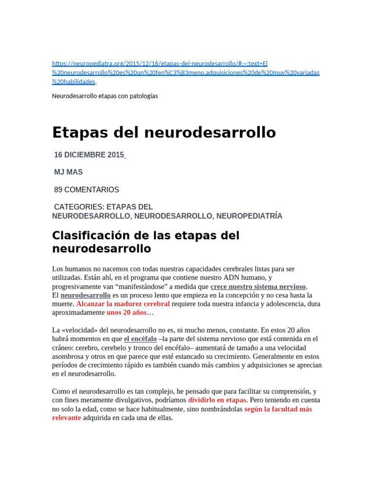Etapas Del Neurodesarrollo y Patologias | PDF | Cerebro | Desorden hiperactivo y deficit de atencion
