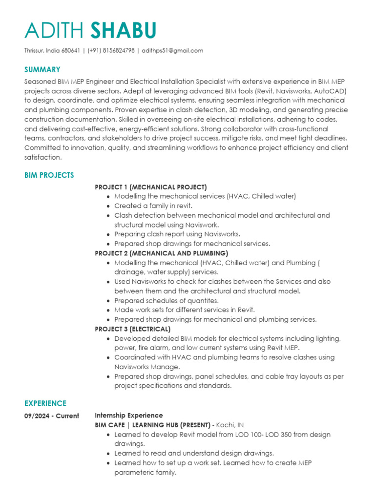 Adith Shabu. Resume Updated | PDF | Building Information Modeling | Autodesk Revit