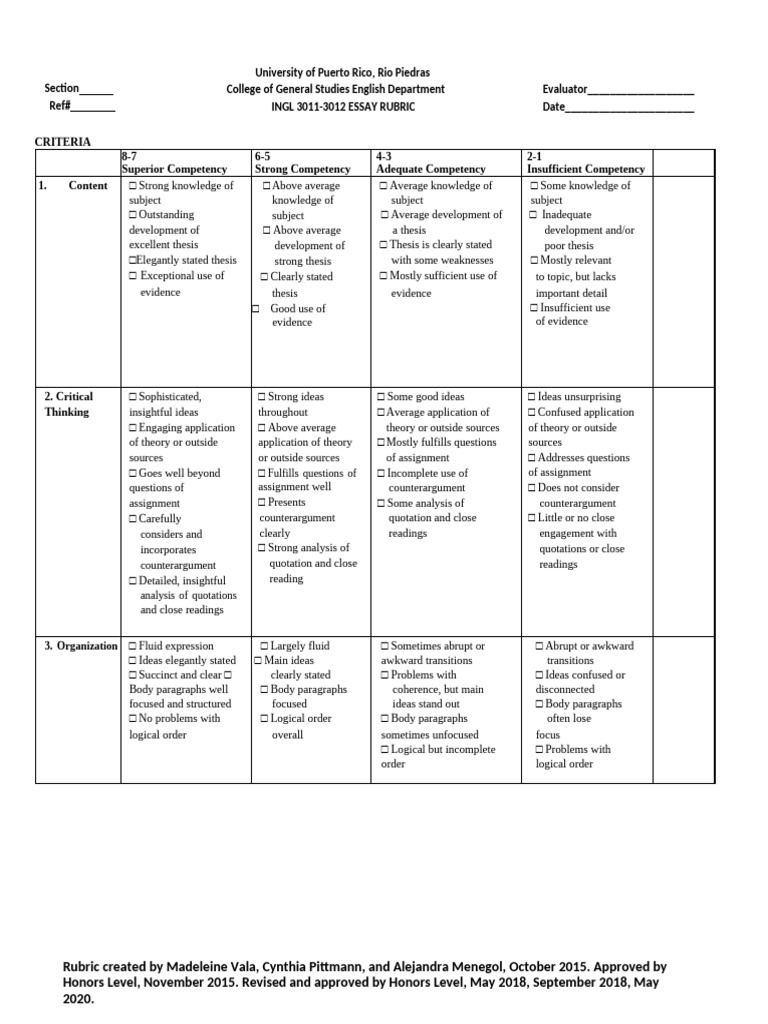 Grading Rubric For INGL 3011 | PDF | Thesis | Syntax