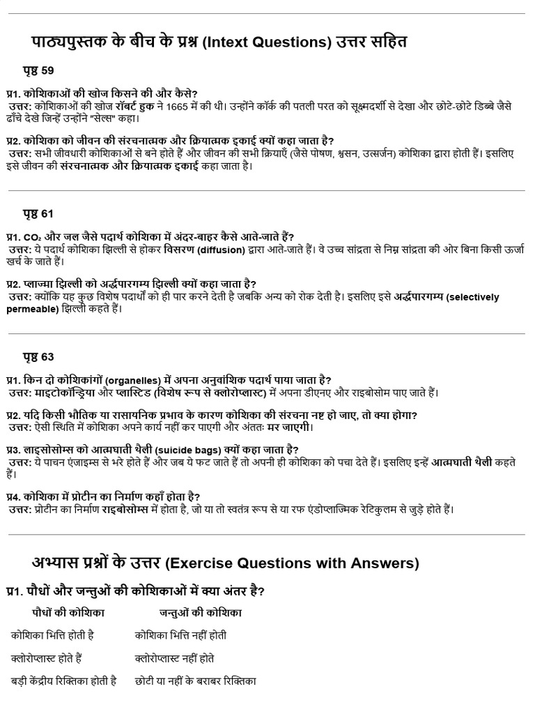 Class 9 ch5 Fundamental Unit of Life Question Answer Hindi | PDF