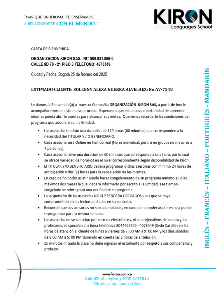 Carta de Bienvenida (Virtual) | PDF