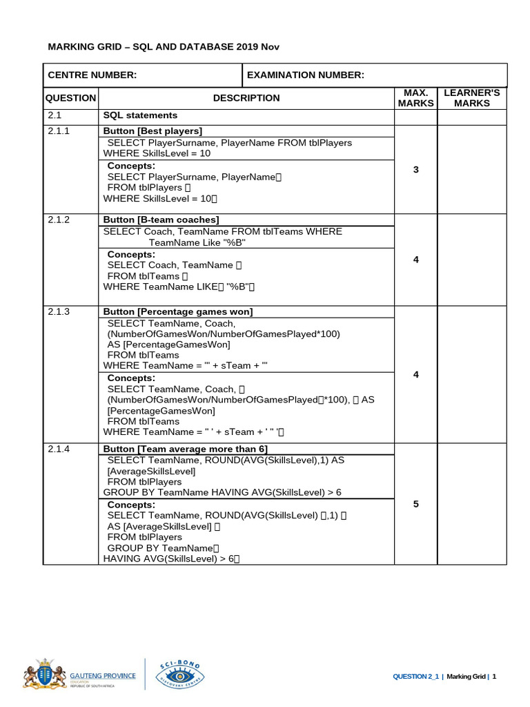 Previous Exam Paper 2019 Nov Marking Grid | PDF | Computer Science | Data Management