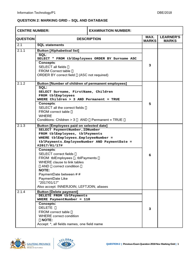 Previous Exam Paper 2018 Nov Marking Grid | PDF | Databases | Computer ...