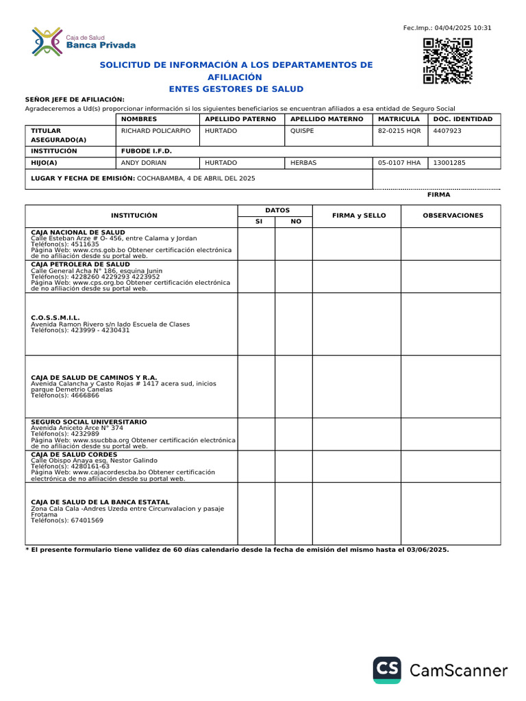 Solicitud de Información sobre Afiliación | PDF