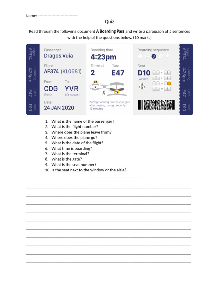 Quiz 2 Boarding Pass Paragraph | PDF