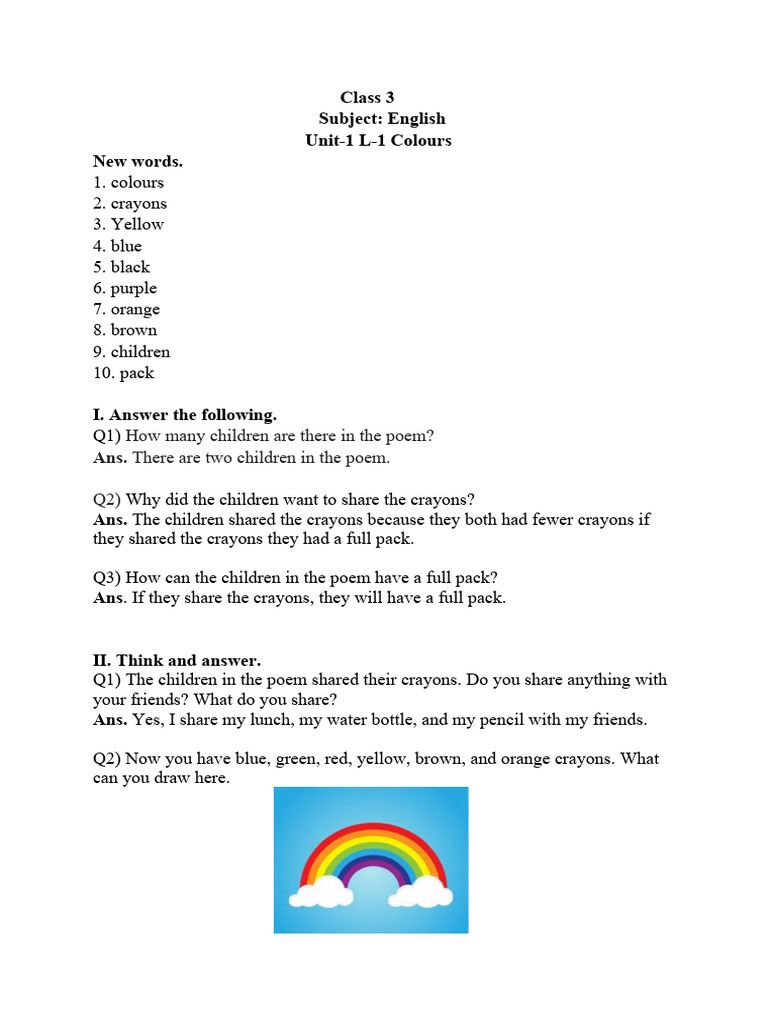 English Class 3: Learning Colours | PDF