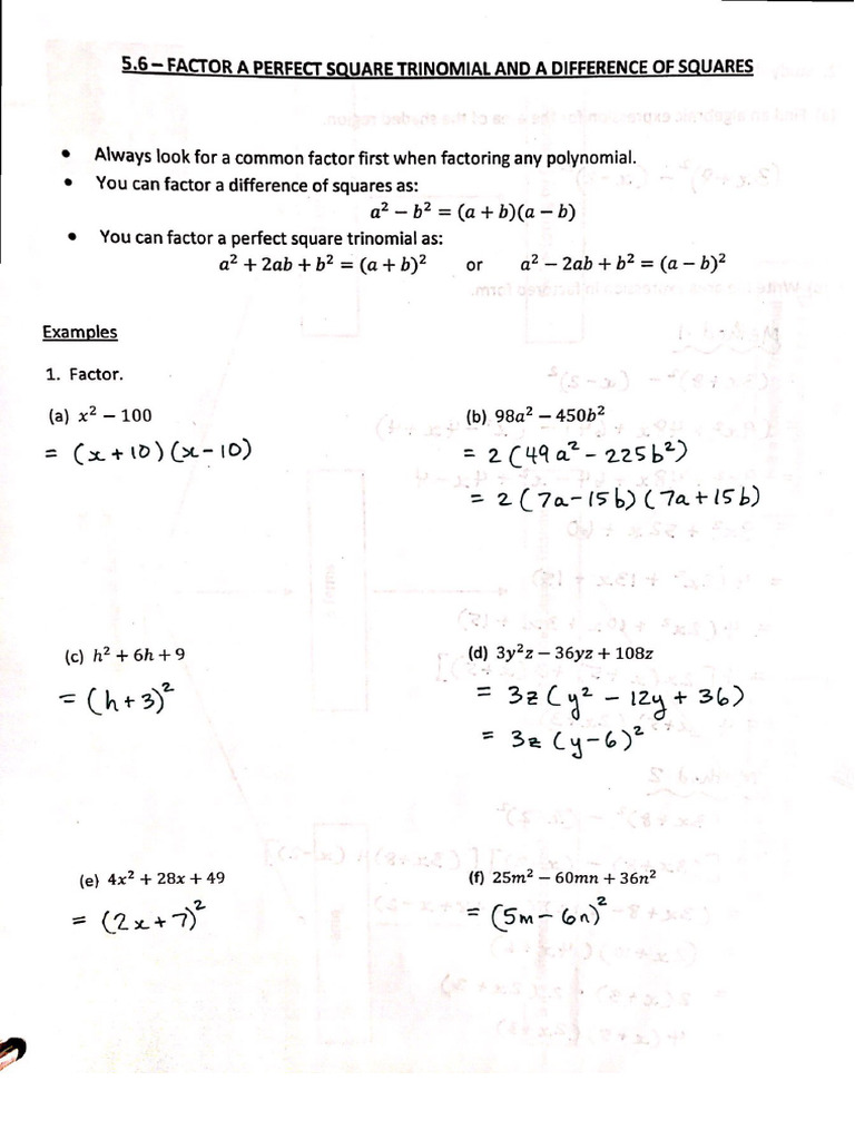 Factoring a Perfect Square Trinomial and_20190411113419 | PDF