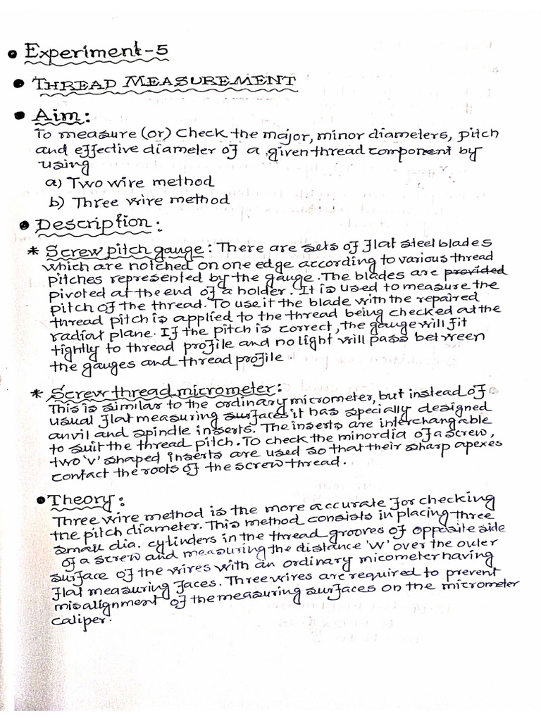 Thread Measurements. Experiment No - 3 - 1) Two Wire Method. - 2) Three Wire Method. | PDF