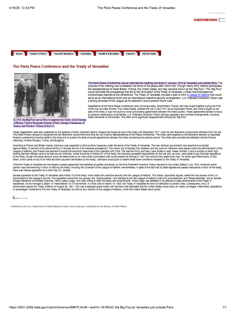 The Paris Peace Conference and the Treaty of Versailles (1) | PDF ...