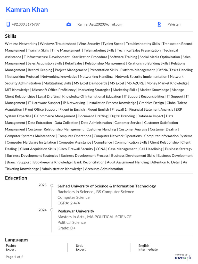 Rozee CV 190254532 19778340 Kamran Khan | PDF | Computer Network | Cisco Certifications