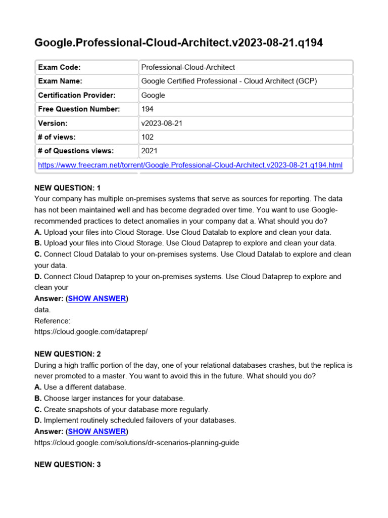 Google.Professional-Cloud-Architect.v2023-08-21.q194 | PDF | Cloud Computing | Computer Network