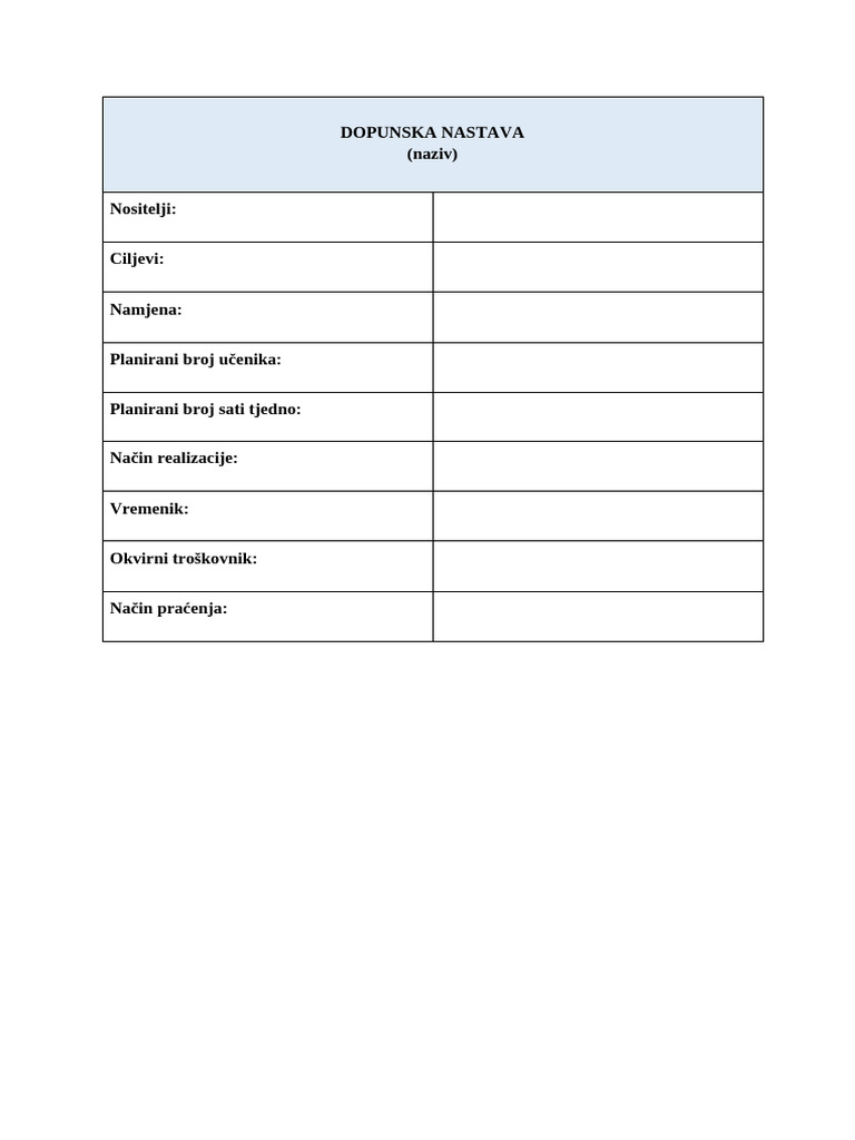 Obrazac - Dopunska Nastava | PDF
