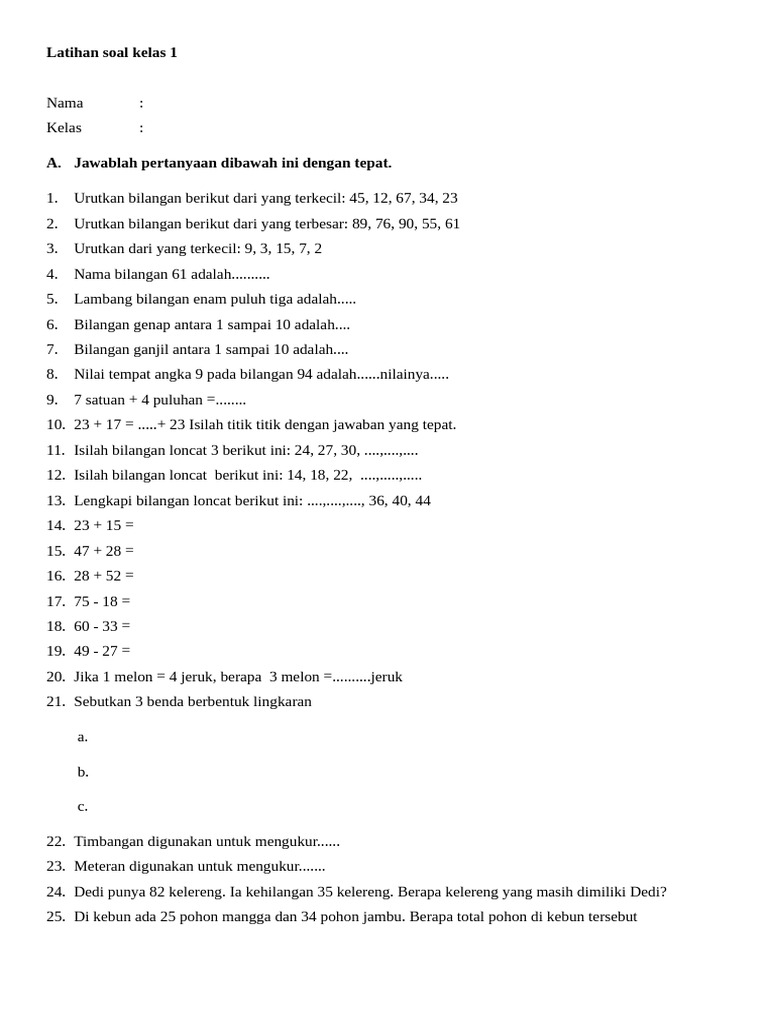 Latihan Soal Kelas 1 | PDF