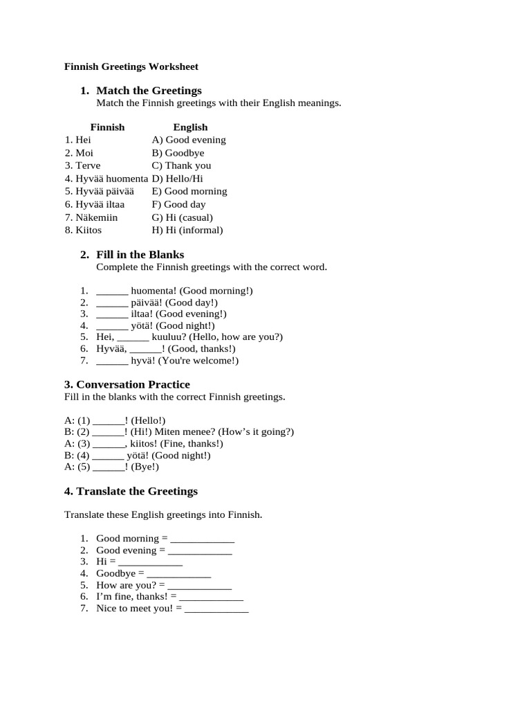 Finnish Greetings Worksheet | PDF