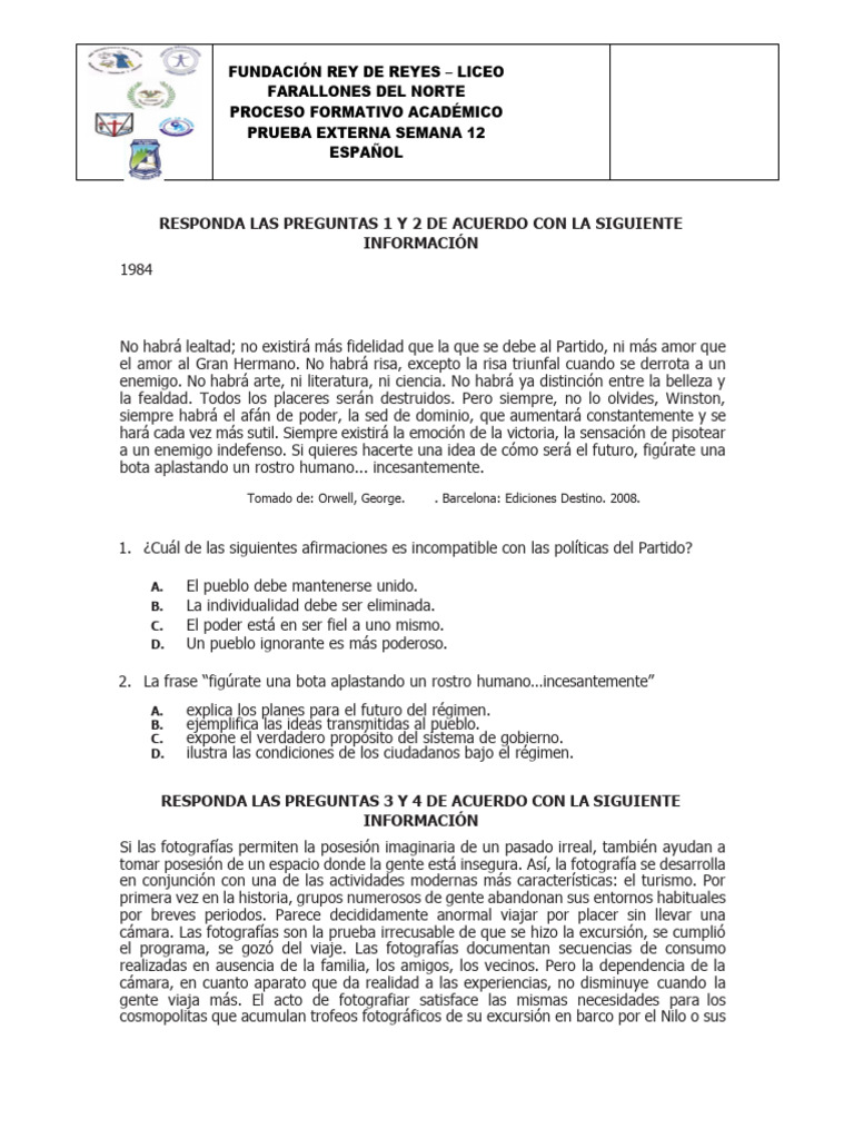 10° ESPAÑOL Prueba Externa Semana 12 | PDF