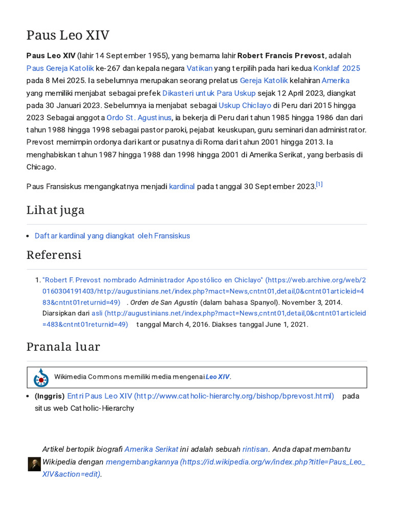 Paus Leo XIV - Wikipedia bahasa Indonesia, ensiklopedia bebas | PDF