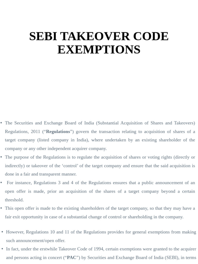Exemptions in SEBI Takeover Code | PDF | Mergers And Acquisitions ...
