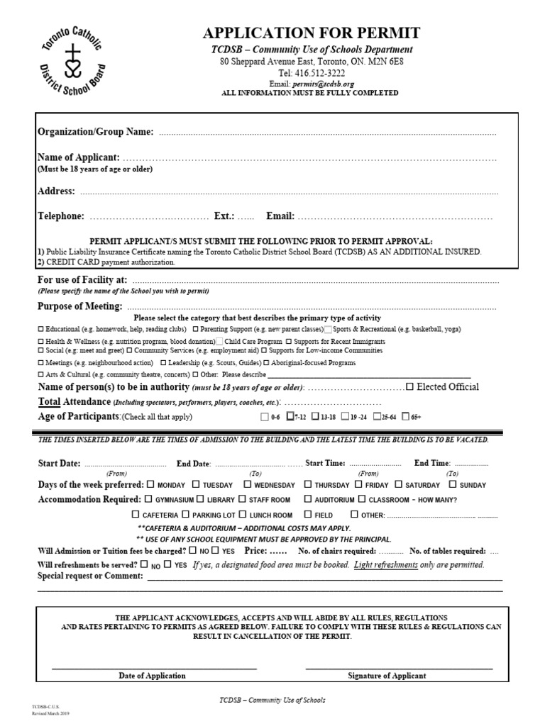 Application For PermitTCDSB - 2025 | PDF | Indemnity