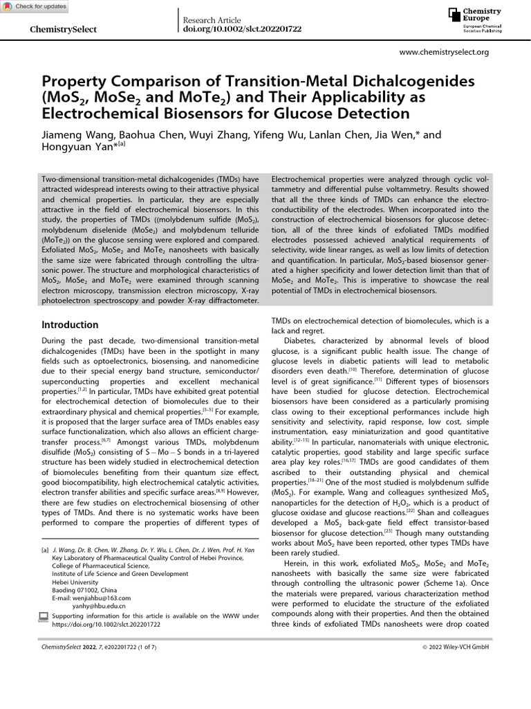 ChemistrySelect - 2022 - Wang - Property Comparison of Transition Metal Dichalcogenides MoS2 ...