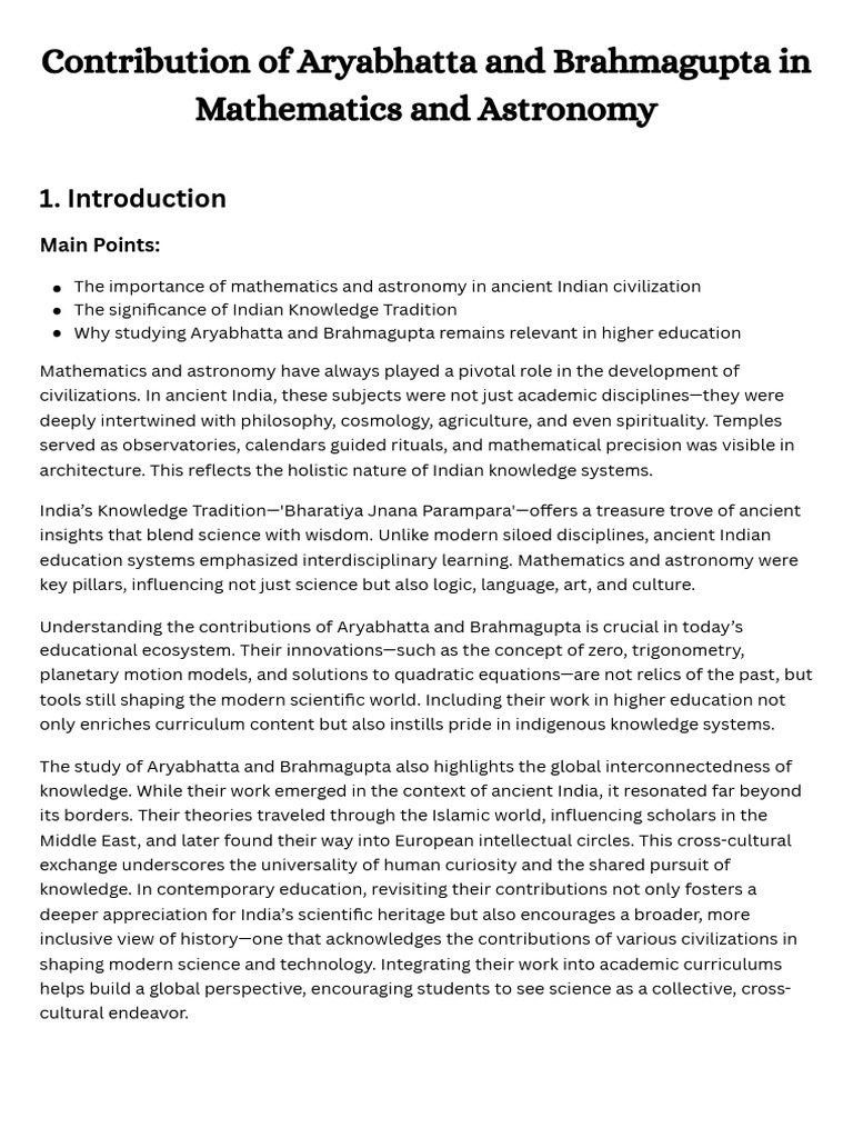 Contribution of Aryabhatta and Brahmagupta in Mathematics and Astronomy | PDF | Mathematics ...