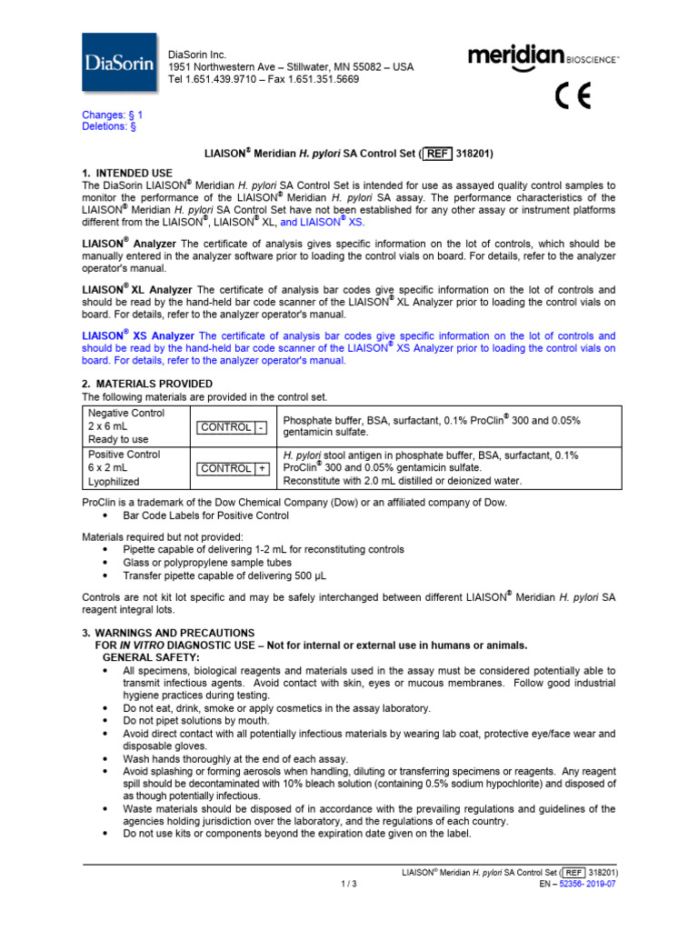 IFU LIAISON® Meridian H. Pylori SA Control Set | PDF