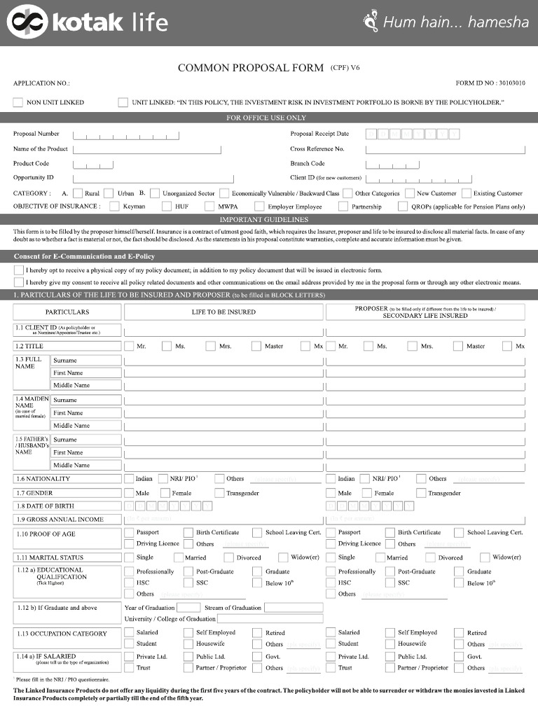 Common Proposal Form Form ID No. 30103010 | PDF | Insurance | Identity ...