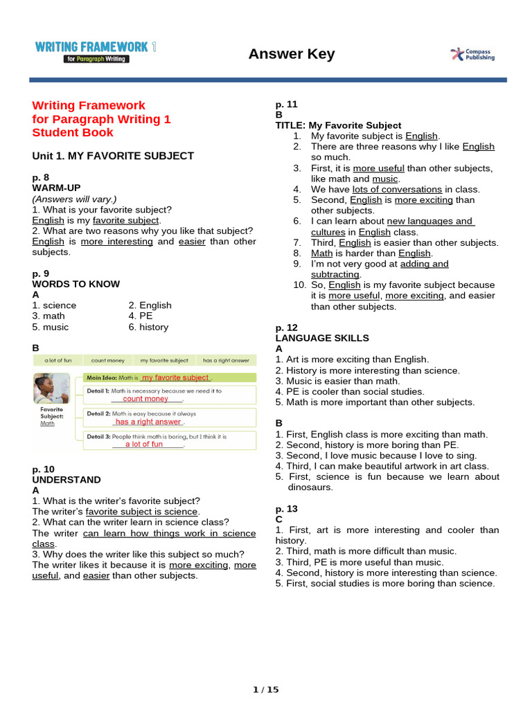 Writing Framework For Paragraph Writing 1 - Answer Key | PDF | English Language