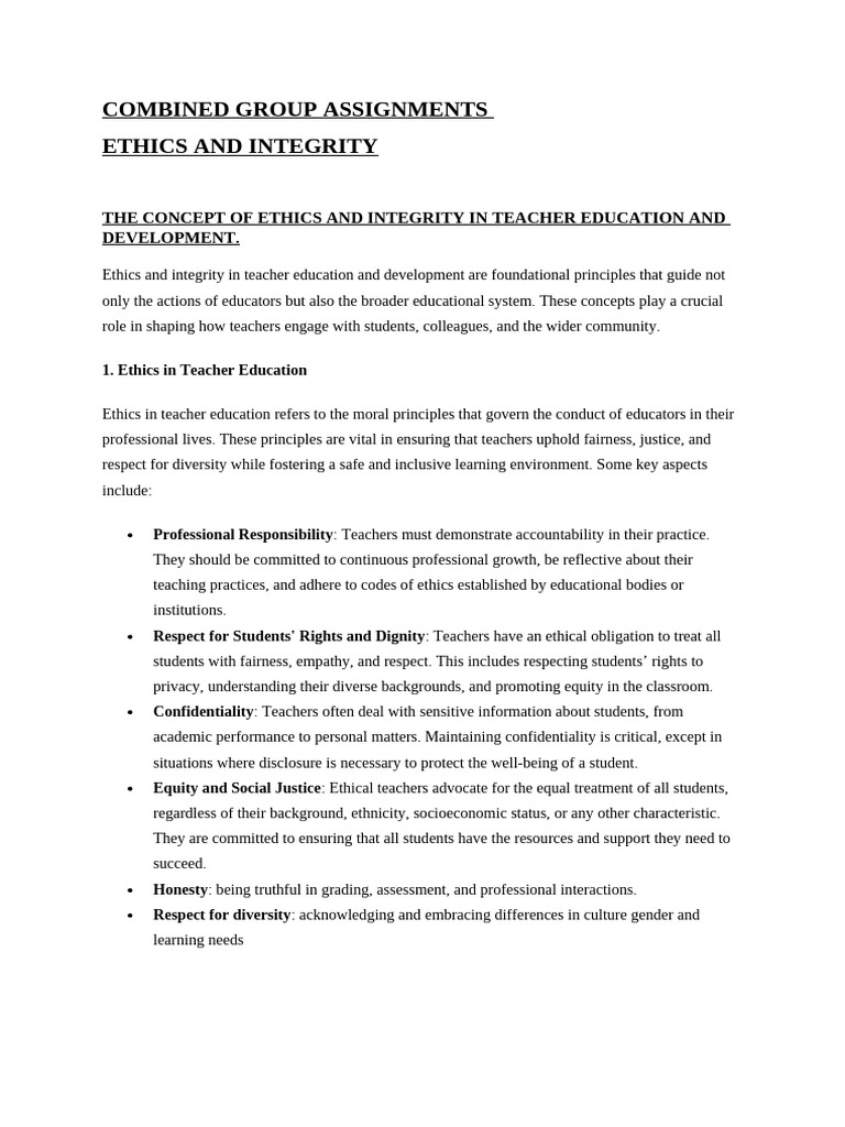 Combined Group Assignments On Ethics and Integrity | PDF | Teachers | Integrity