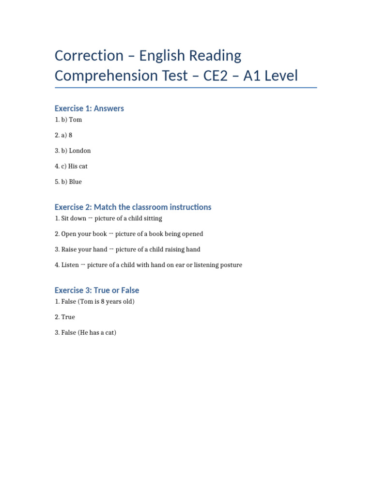 Correction CE2 English Reading Comprehension Test | PDF