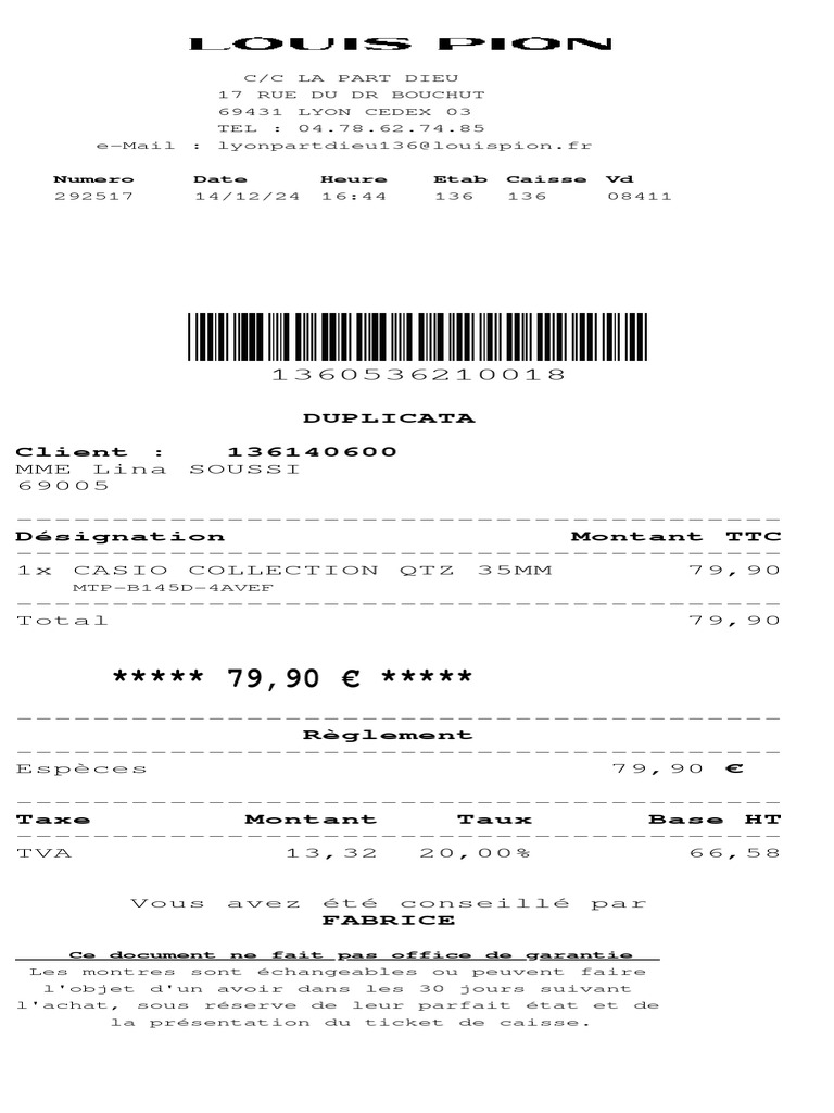 Ticket d'achat Montre Casio à Lyon | PDF